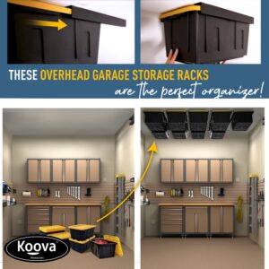 Koova Heavy-Duty Overhead Garage Storage Rack for 9 Bins. Adjustable Width, 360lb Capacity. DIY Safe Mount, Easy Install. Fits 27-Gallon Totes. USA Made Pro-Grade Steel. Space Saving Organizer