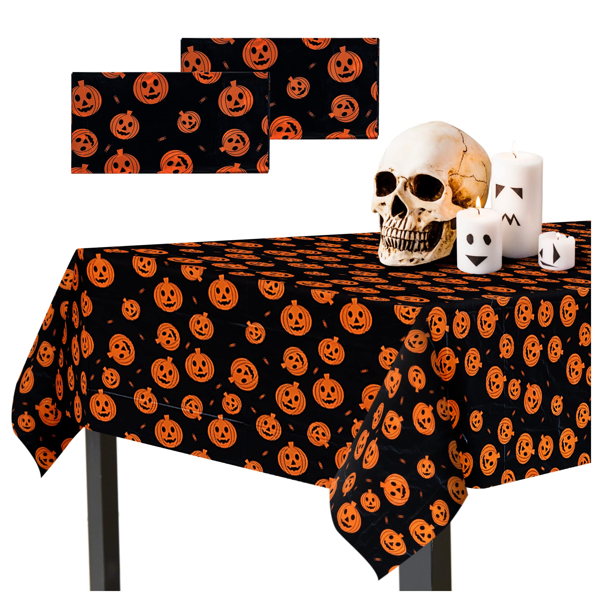 Confettiville Halloween Tablecloth, 2-Pack Disposable Halloween Table Cloths, Pumpkins Plastic Table Covers, 54 x 108 Inches, Halloween Party Decorations