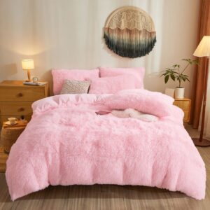 pink fluffy comforter cover, ultra soft faux fur duvet cover bedding sets 3 pieces with pillow cases, fluffy bed set zipper closure (pink, queen)