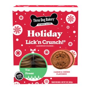 three dog bakery holiday lick'n crunch, carob cookie w/red crème, vanilla flavored filling, premium treats for dogs, 13 ounces each