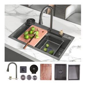 meje 30.75x17 inch black 11 gauge 304 stainless steel kitchen sink, 60/40 double bowl kitchen sink, nano coating, anthracite black color