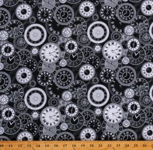 cotton clocks time vintage-look white clocks on black cotton fabric print by the yard (1121-3068black)