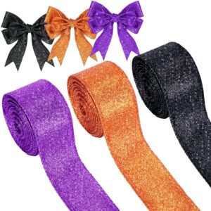 juinte 3 roll 30 yards christmas glitter wired ribbon christmas party favors decor gift wrapping ribbon for craft headband bow decor(1.5 inch,black, orange, purple)