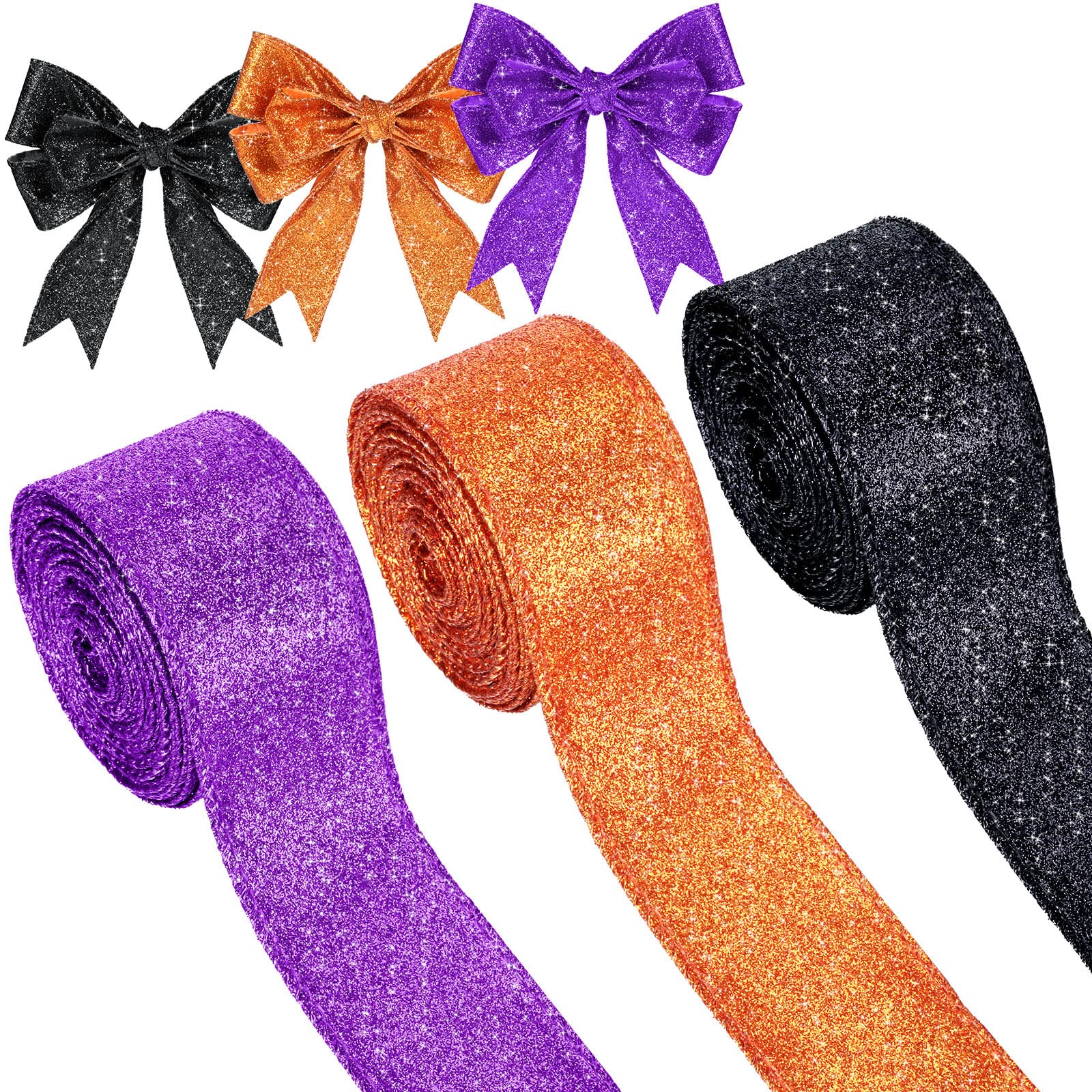 Juinte 3 Roll 30 Yards Christmas Glitter Wired Ribbon Christmas Party Favors Decor Gift Wrapping Ribbon for Craft Headband Bow Decor(1.5 Inch,Black, Orange, Purple)