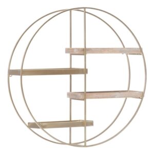 linon kenson round metal and greywashed wood four shelf wall storage in gold