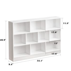 AIEGLE 10 Cube Bookcase Bookshelf, 3-Tiers Wood Cube Shelf Bookcase, Kids Bookshelf for Bedroom Living Room, White (55.1" L x 9.8" W x 41.3" H)