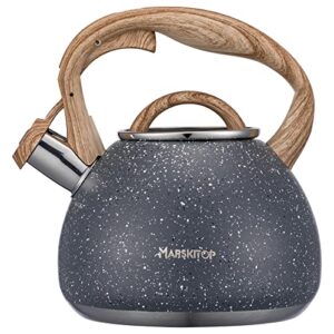 marskitop tea kettle stovetop whistling tea pot for stove top, stainless steel tea kettle teapot with wooden pattern handle, 2.6 quart, gray