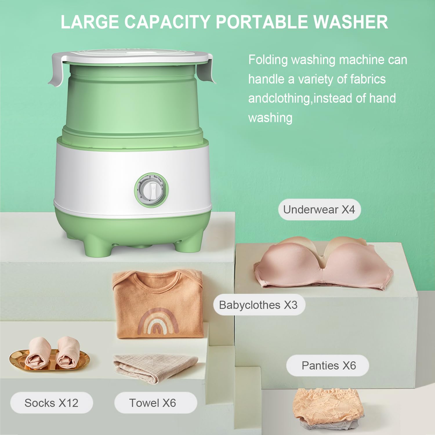 Small Portable washing machine，Camping laundry washer ，Portable Laundry Tub with Pipe,mini Washer,Small Clothes Washing Machine Washer for baby,Pet clothes,Travelling,Camping (Green)