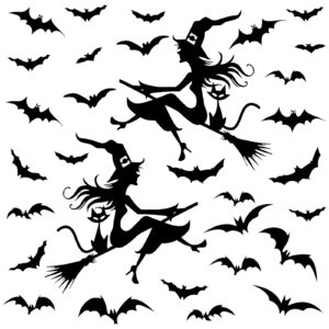 lucleag 32 pcs halloween wall stickers, flying witch on broom bats wall decals, halloween black cat and bat decal wall stickers, removable vinyl decal stickers for halloween party decoration