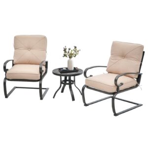 oakcloud outdoor bistro set 3-piece spring metal lounge cushioned chairs and bistro table set wrought iron cafe furniture seat, brown