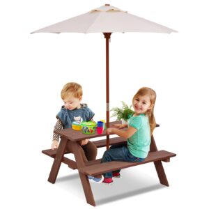 olakids kids picnic table, outdoor toddler wooden table and chair set with removable umbrella, children activity furniture bench set for patio garden backyard