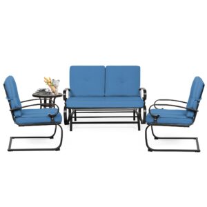 patiomore 4pcs outdoor furniture patio conversation set, glider loveseat, 2 spring chairs with coffee table with peacock blue cushion