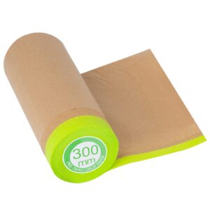 pre-taped masking paper for painting - 12 inch x 50 feet tape and drape painters paper, paint adhesive protective paper roll for covering skirting, frames, cars and auto body (1 roll)