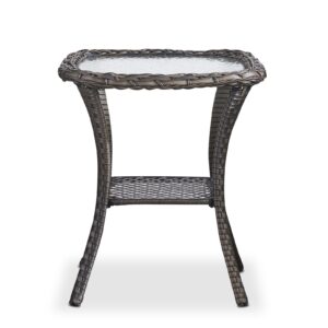 hummuh patio wicker side table outdoor, rattan end table glass top coffee table with storage grey