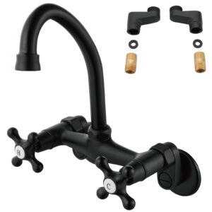 aolemi wall mount kitchen faucet 6 inch center with swivel spout adjustable spread 2 cross handle basin sink mixer tap, matte black, h&c label