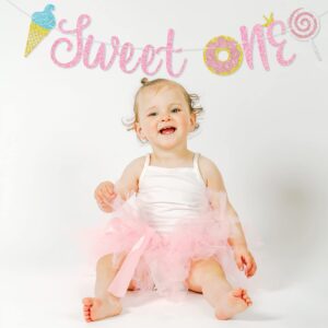 Sweet One Banner, Ice Cream Donut Candy First Birthday Banner,Baby Shower,1st Birthday Party Decorations (Pink)1