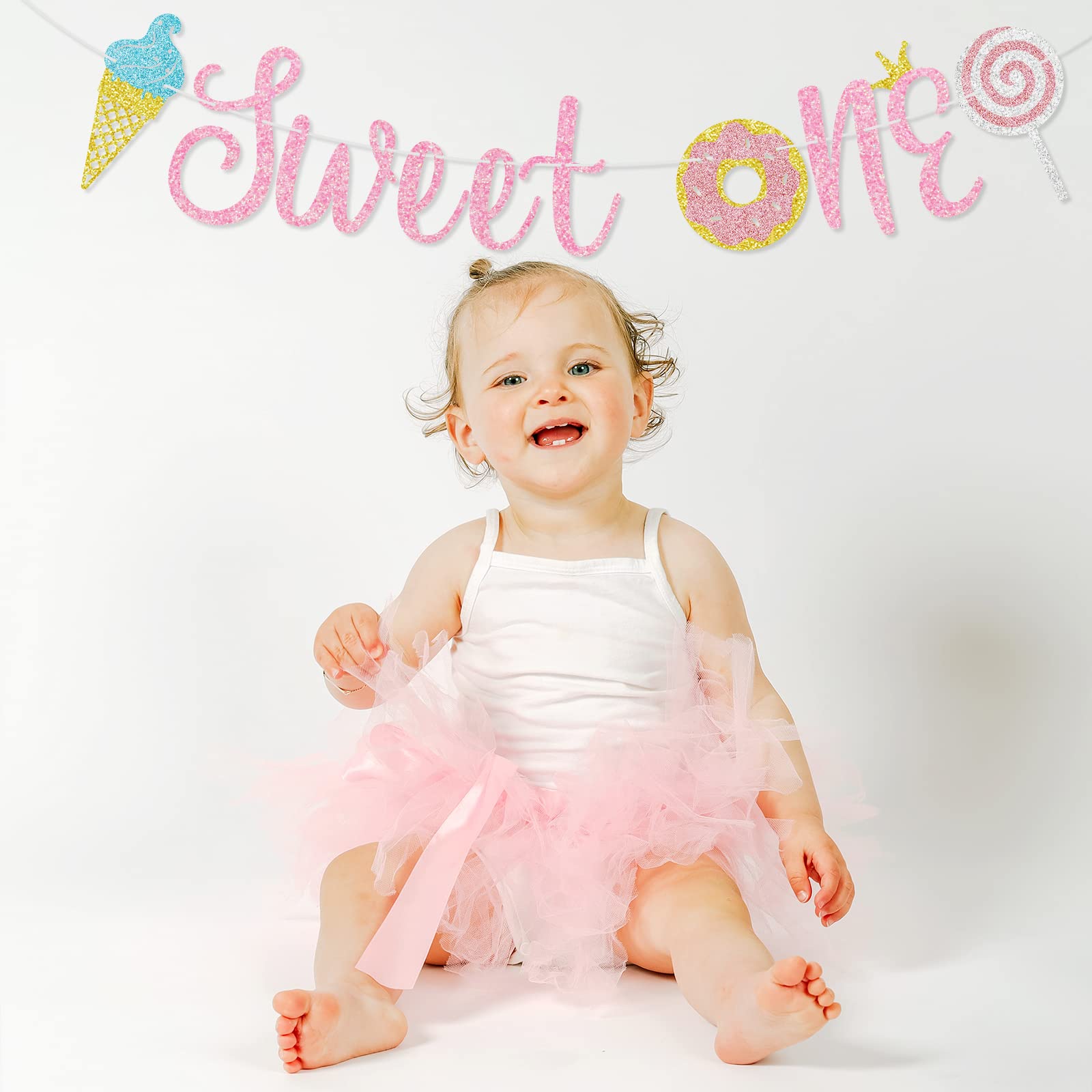 Sweet One Banner, Ice Cream Donut Candy First Birthday Banner,Baby Shower,1st Birthday Party Decorations (Pink)1