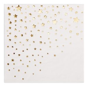 stylish gold cocktail napkins, disposable 5x5 inch gold paper napkins, 100 gold star napkins, 3 ply white and gold napkins, holiday cocktail napkins, paper christmas cocktail napkins