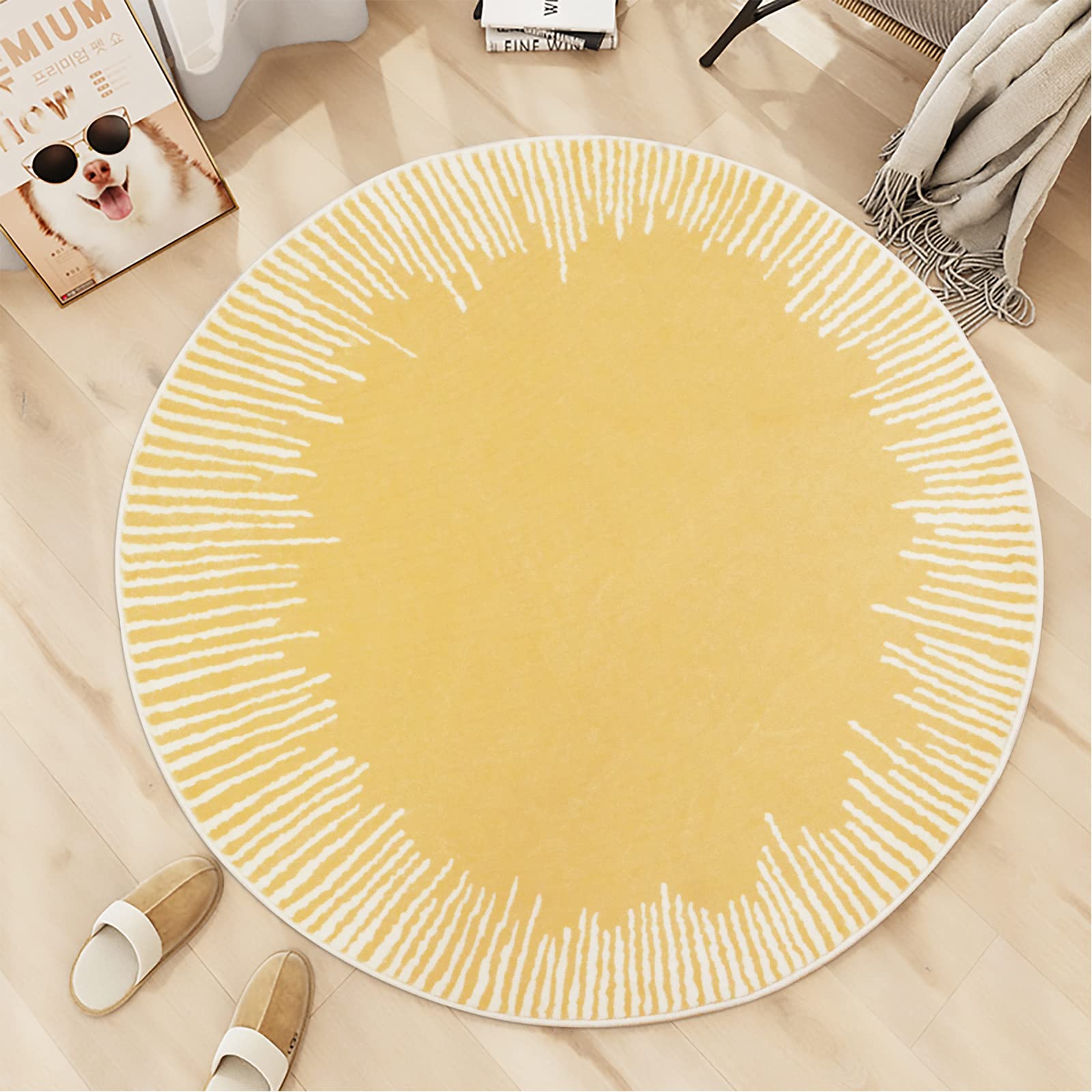 Lacomfy Modern Area Rug Abstract Rugs 4Ft Round Chic Geometric Rug 4x4 Nonslip Bedroom Rug for Kids Washable Living Room Rug Circle Throw Rug for Indoor Outdoor Home Decor, Yellow