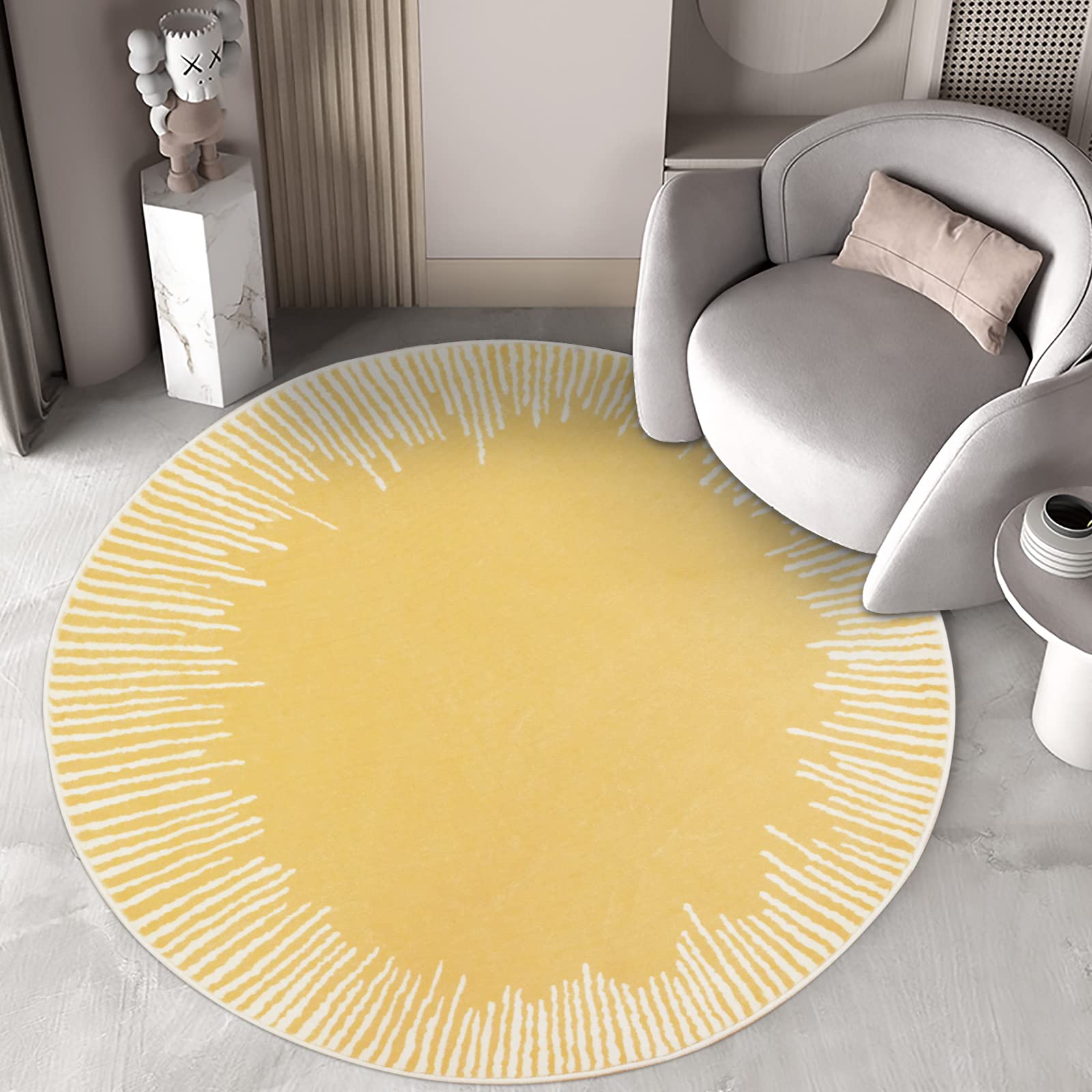 Lacomfy Modern Area Rug Abstract Rugs 4Ft Round Chic Geometric Rug 4x4 Nonslip Bedroom Rug for Kids Washable Living Room Rug Circle Throw Rug for Indoor Outdoor Home Decor, Yellow