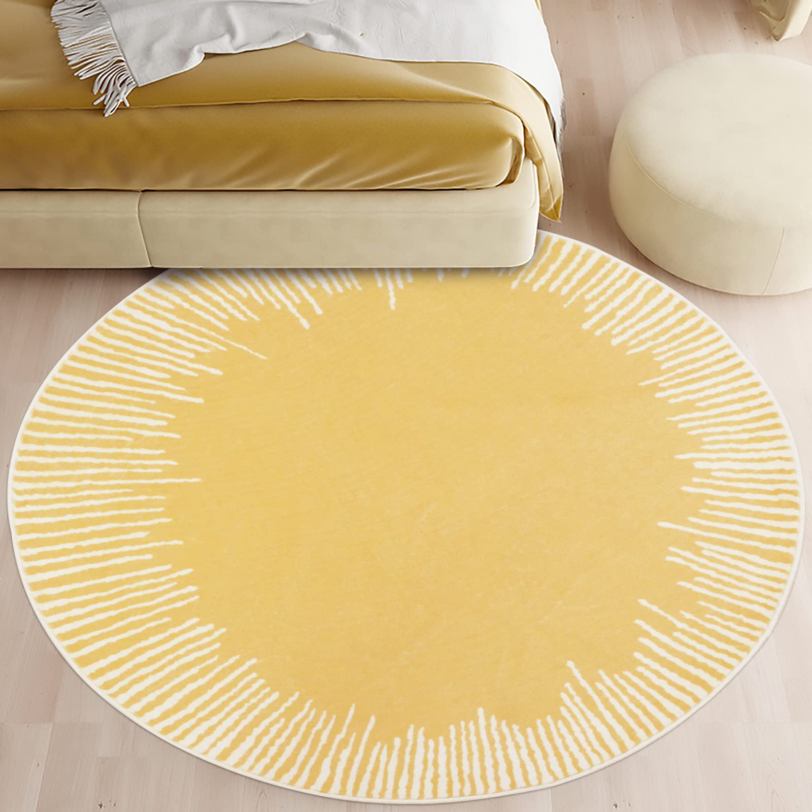 Lacomfy Modern Area Rug Abstract Rugs 4Ft Round Chic Geometric Rug 4x4 Nonslip Bedroom Rug for Kids Washable Living Room Rug Circle Throw Rug for Indoor Outdoor Home Decor, Yellow