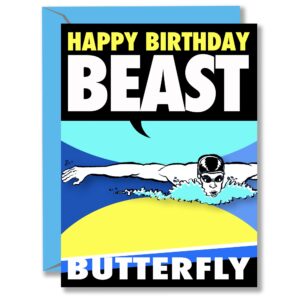 play strong swimming beast birthday card 1-pack (5x7) swim sports birthday cards greeting cards - awesome for swimmers, coaches and fans birthdays, gifts and parties!