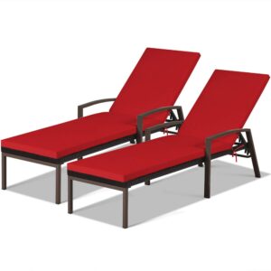 dortala set of 2 patio chaise lounge, outdoor wicker rattan chaise with adjustable backrest and armrest for beach pool yard, rattan sun lounger with padded cushion, red