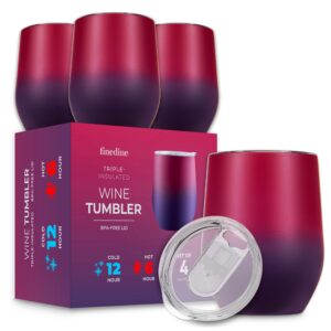 finedine triple insulated wine tumbler with lid (4 pack) 12oz stainless steel set- tumblers keep drinks hot & cold for outdoors, beach, picnics- unbreakable glasses with bpa free lids (purple print)