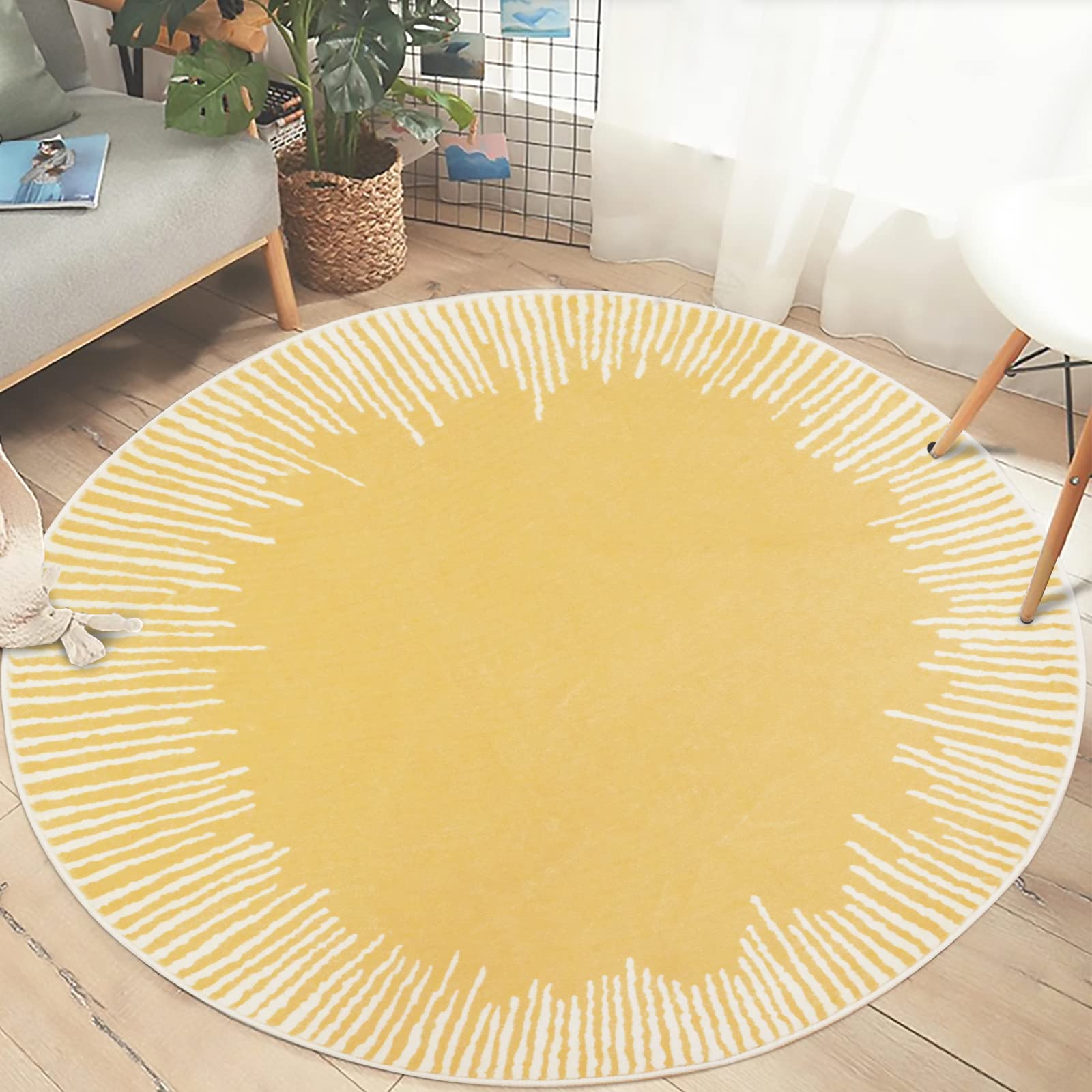 Lacomfy Modern Area Rug Abstract Rugs 4Ft Round Chic Geometric Rug 4x4 Nonslip Bedroom Rug for Kids Washable Living Room Rug Circle Throw Rug for Indoor Outdoor Home Decor, Yellow