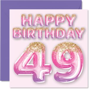 49th birthday card for women - pink & purple glitter balloons - happy birthday cards for 49 year old woman mom cousin friend sister aunt, 5.7 x 5.7 inch forty-nine forty-ninth greeting cards gift