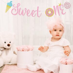 Sweet One Banner, Ice Cream Donut Candy First Birthday Banner,Baby Shower,1st Birthday Party Decorations (Pink)1