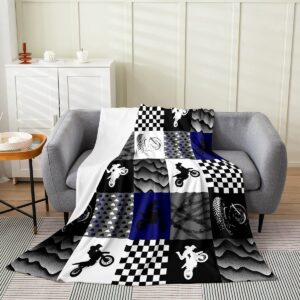 erosebridal dirt bike throw blanket for kids boys teens,grunge bike track fleece blanket throw size,youth motocross flannel blanket living room decor,black white grid patchwork fuzzy blanket warm