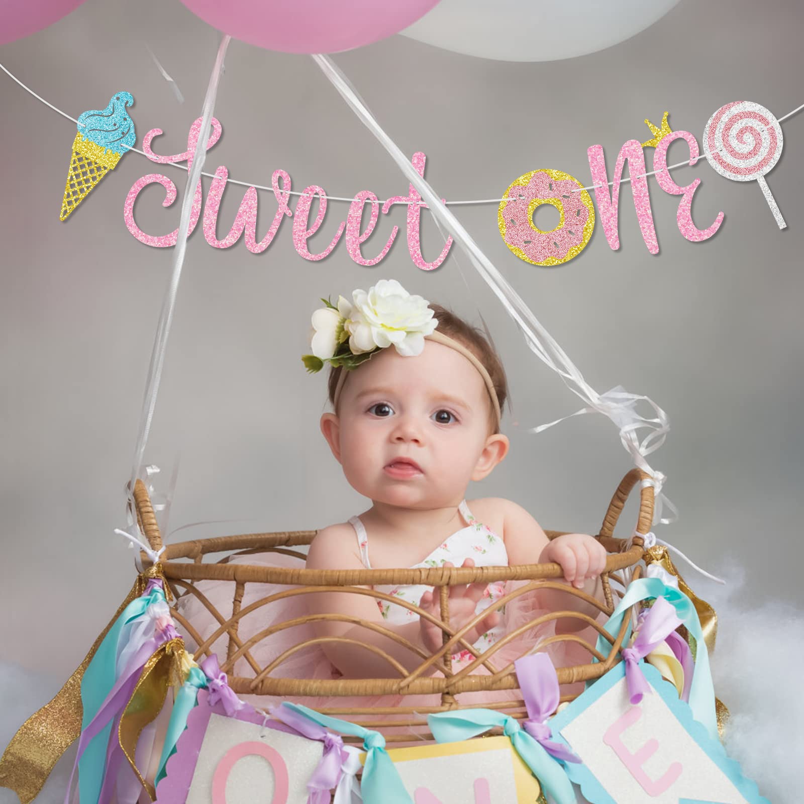 Sweet One Banner, Ice Cream Donut Candy First Birthday Banner,Baby Shower,1st Birthday Party Decorations (Pink)1