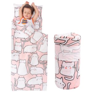 rossison nap mat with pillow and blanket 100% cotton with microfiber fill, padded sleeping mat, for daycare preschool toddler prek boys girls kids (pink white cat, extra long-56"x20")