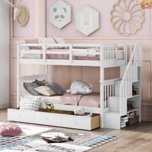 twin over twin bunk bed with stairs and 3 storage drawers, solid wood bunk bed frame with storage for kids, teens, adults, bedroom, dorm. no box spring needed (white)