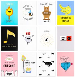 【12 pack】large funny thank you cards – big size 5 x 7 inch – appreciation cards and pun cards printed on premium thick 350 gsm paper – 12 unique eye catching designs in funny themes – funny greeting