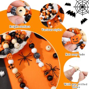 200 PCS Halloween Wood Beads Buffalo Plaid Beads Pumpkin Bat Wooden Bead Craft Wooden Bead Buffalo Plaid Stripes Styles Wood Bead for Halloween Decoration DIY Home Decor(Pumpkin)