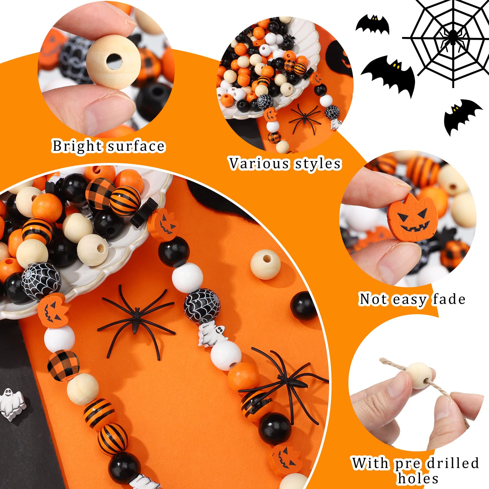 200 PCS Halloween Wood Beads Buffalo Plaid Beads Pumpkin Bat Wooden Bead Craft Wooden Bead Buffalo Plaid Stripes Styles Wood Bead for Halloween Decoration DIY Home Decor(Pumpkin)