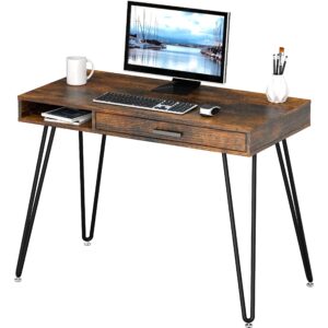 shw home office computer hairpin leg desk with drawer, rustic brown