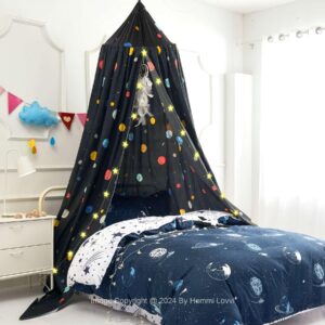 hommi lovvi space planets print kids bed canopy, girls princess bed canopy dreamy room decor, soft hanging reading nook play tent canopy, extra large full size bed canopy with string light