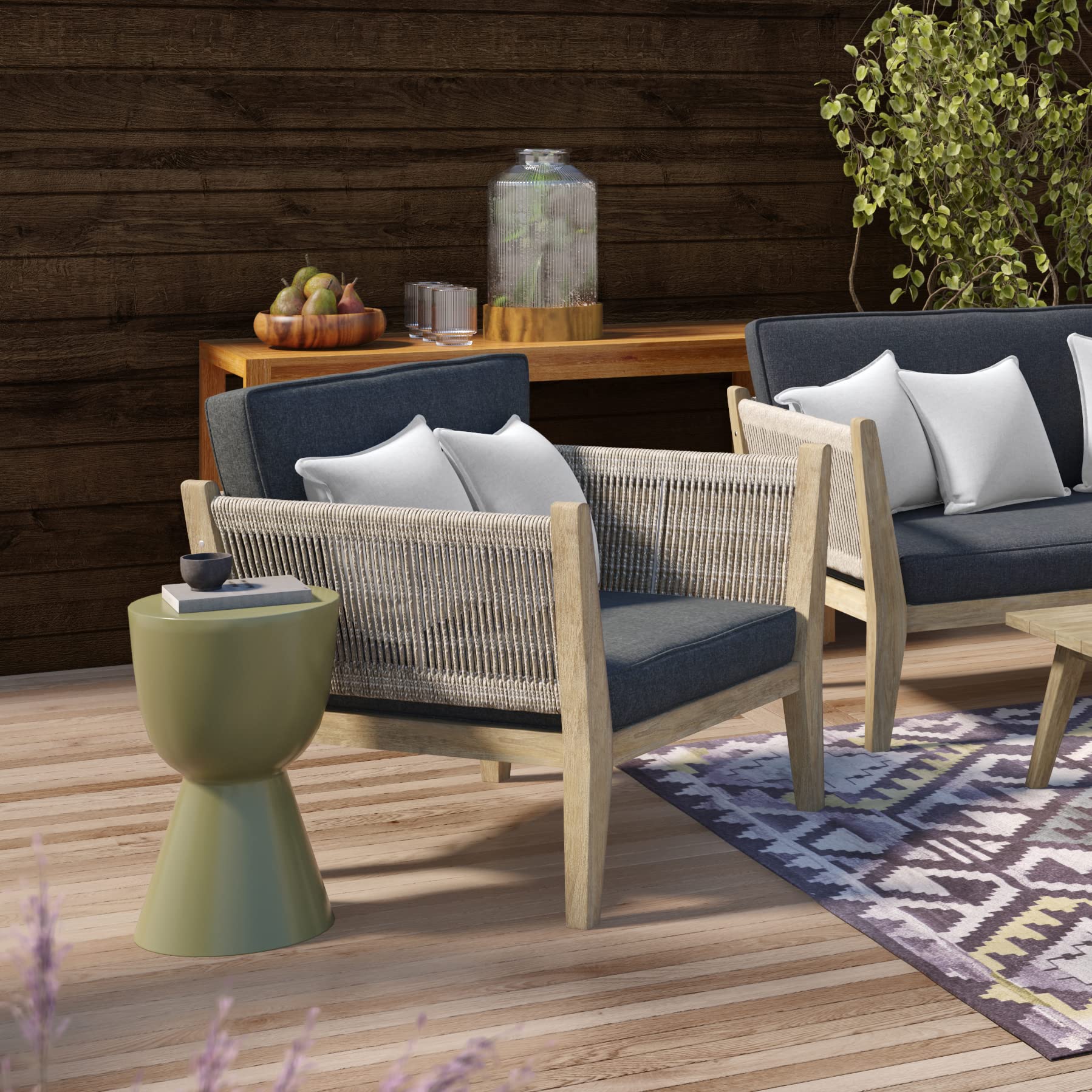 SIMPLIHOME Cayman 35 Inch Wide Contemporary Outdoor Conversation Chair with Décor Pillows in Slate Grey Polyester Fabric, For the Living Room and Family Room