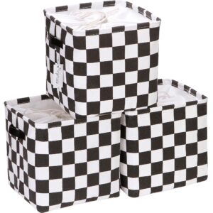 hinwo 3-pack cubic organizer shelf bins, canvas fabric storage baskets with handles, 22l/5.8-gal square storage bins, cubes, collapsible storage box, 11 x 11 x 11 inches (s, black checkerboard)