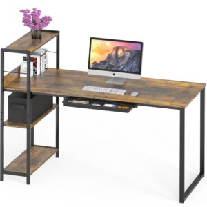 shw 46-inch computer desk with adjustable side shelf and drawer, 24" deep, rustic brown