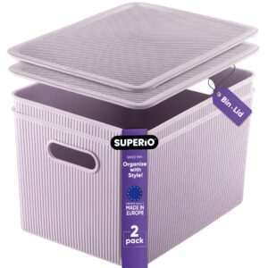 superio ribbed collection - decorative plastic lidded home storage bins organizer baskets, x-large lilac purple (2 pack - 22 liter) stackable container box, for organizing closet shelves drawer shelf