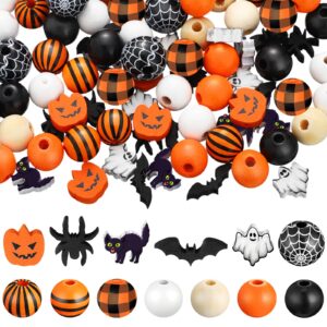 200 pcs halloween wood beads buffalo plaid beads pumpkin bat wooden bead craft wooden bead buffalo plaid stripes styles wood bead for halloween decoration diy home decor(pumpkin)