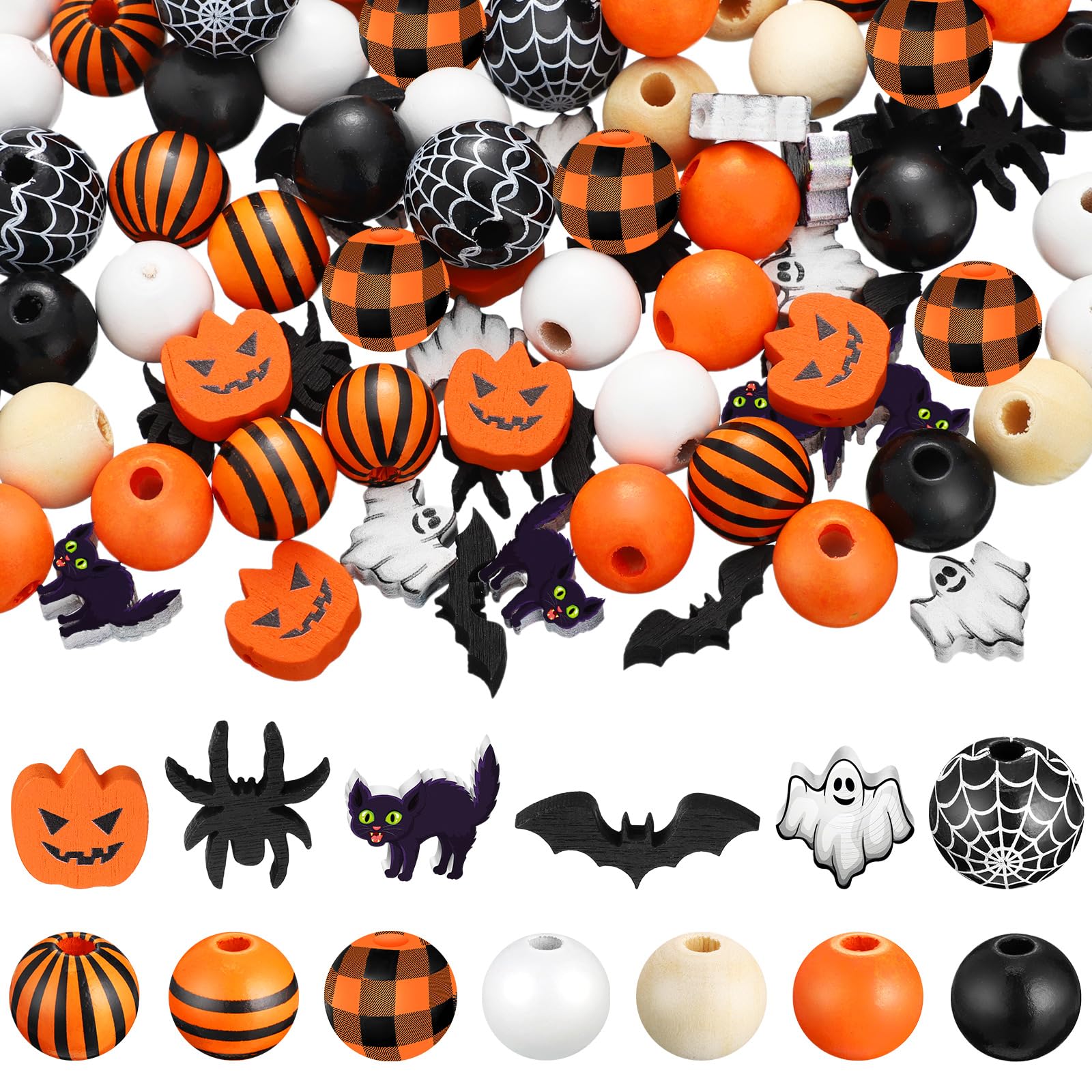 200 PCS Halloween Wood Beads Buffalo Plaid Beads Pumpkin Bat Wooden Bead Craft Wooden Bead Buffalo Plaid Stripes Styles Wood Bead for Halloween Decoration DIY Home Decor(Pumpkin)