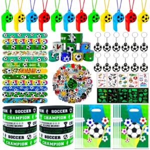 miucat 120pcs soccer party favors, soccer birthday party supplies with whistle stickers slap bracelet key chains and soccer goodie bags for soccer party decorations supplies