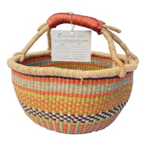 africa heartwood project - deluxe colorful african basket with leather handles - handmade from dried elephant grass, hand-woven by women in bolgatanga, ghana - large 16" round (flat-packed)