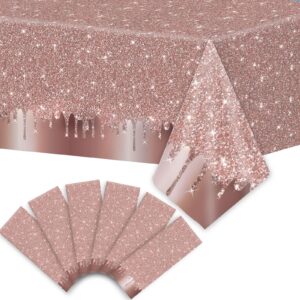 6pcs pink rose gold birthday party tablecloths rose gold sequin printed plastic table cover glitter diamonds happy birthday background for girls wedding graduation anniversary indoor outdoor（plastic）