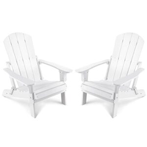 stoog folding all-weather adirondack chairs set of 2, 400 lbs support, outdoor plastic adirondack chair, looks and feels like wood for garden, lawn, deck, pool, white